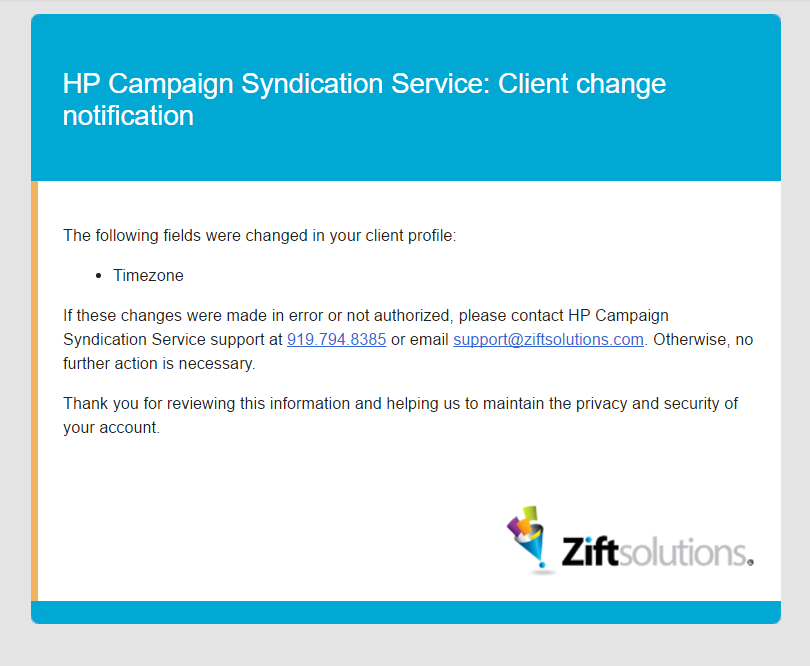 Notification: Setting Changes – ZiftONE